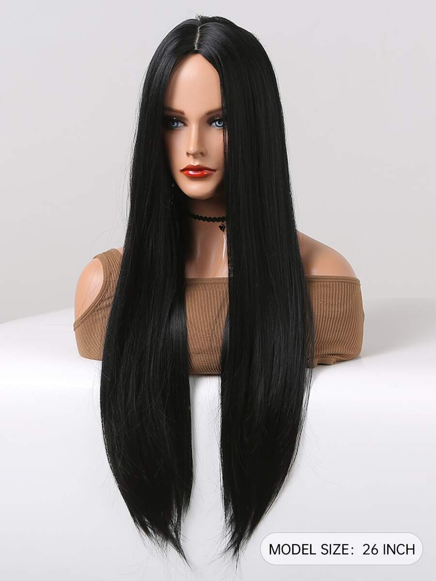 Black Long Straight Synthetic Wig for Women Middle Part Hairline ...