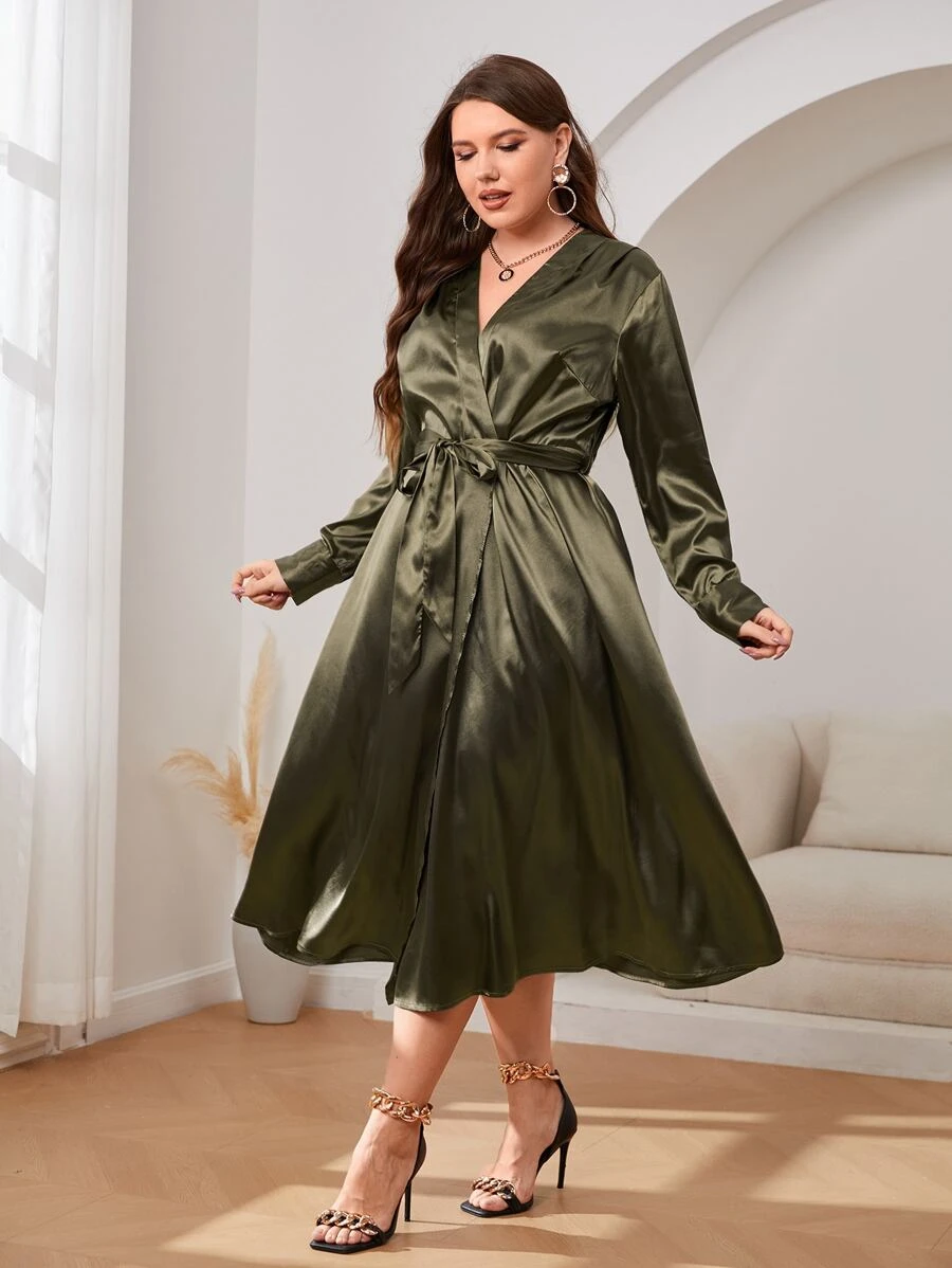 Modelyn Plus Overlap Collar Belted Dress | SHEIN USA