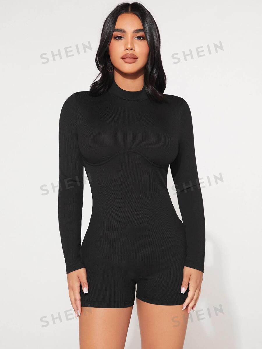 SHEIN PETITE Mock Neck Rib Knit Unitard Romper | SHEIN USA