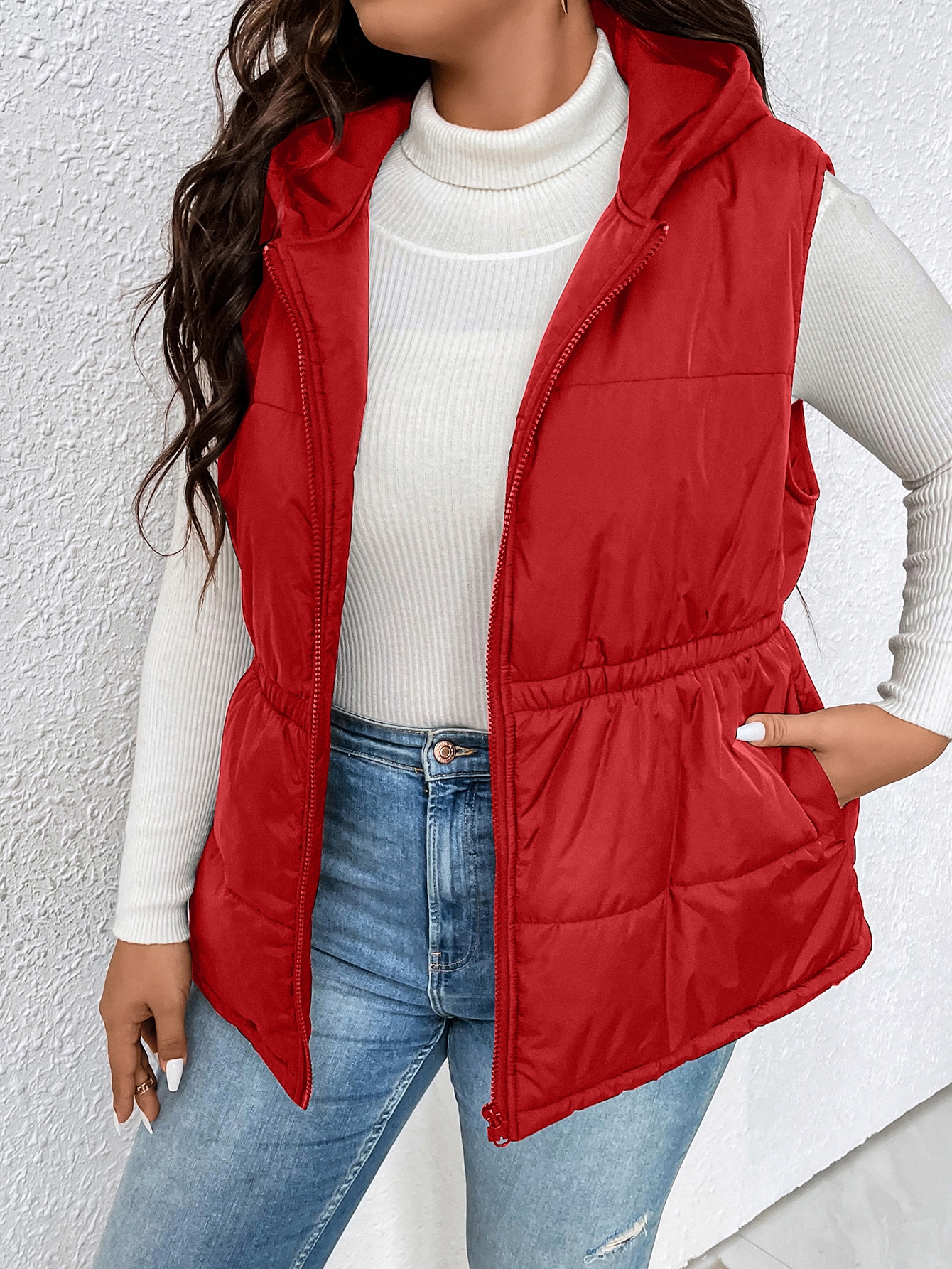 Plus Drawstring Waist Zipper Hooded Vest Puffer Coat