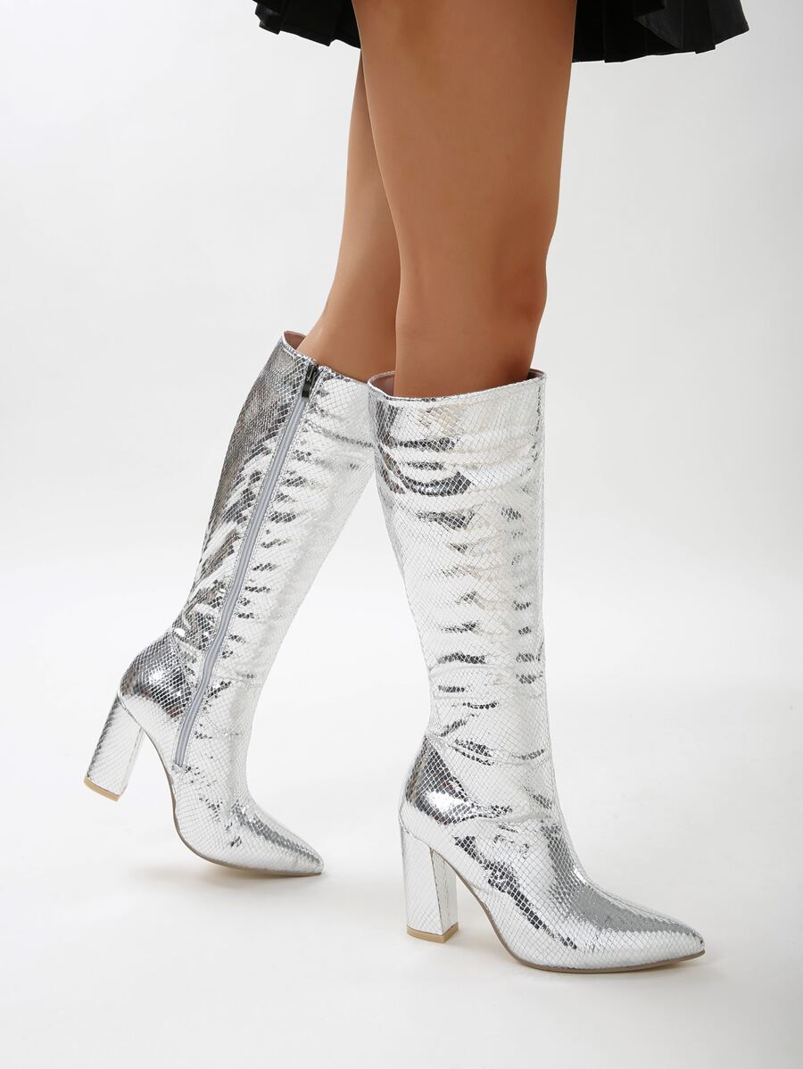 Women Metallic Snakeskin Embossed Zip Side Classic Boots, Glamorous ...
