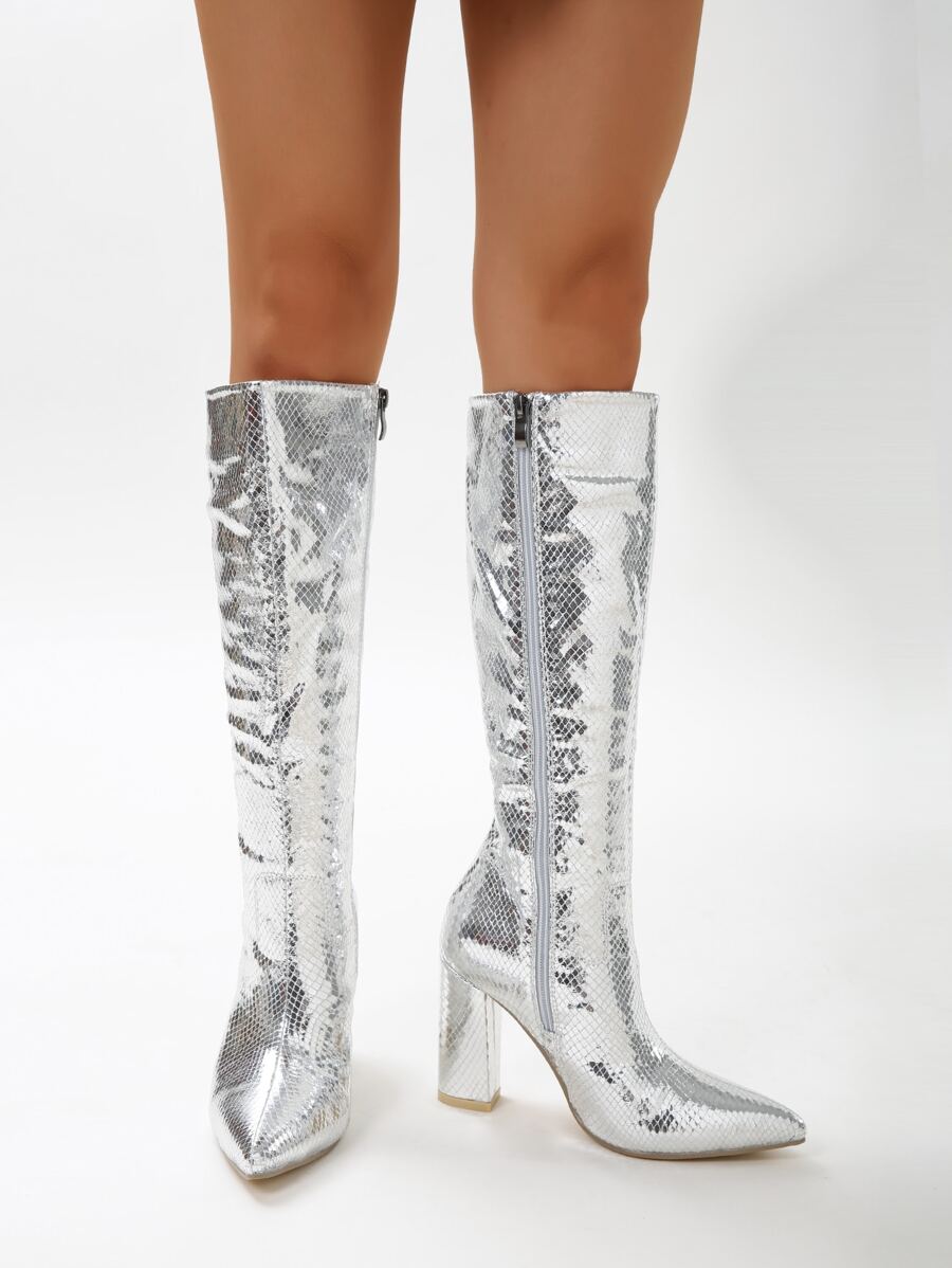 Women Metallic Snakeskin Embossed Zip Side Classic Boots, Glamorous ...