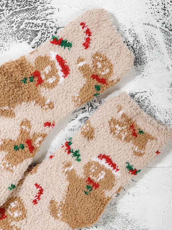 Christmas Gingerbread Man Pattern Fuzzy Crew Socks | SHEIN USA