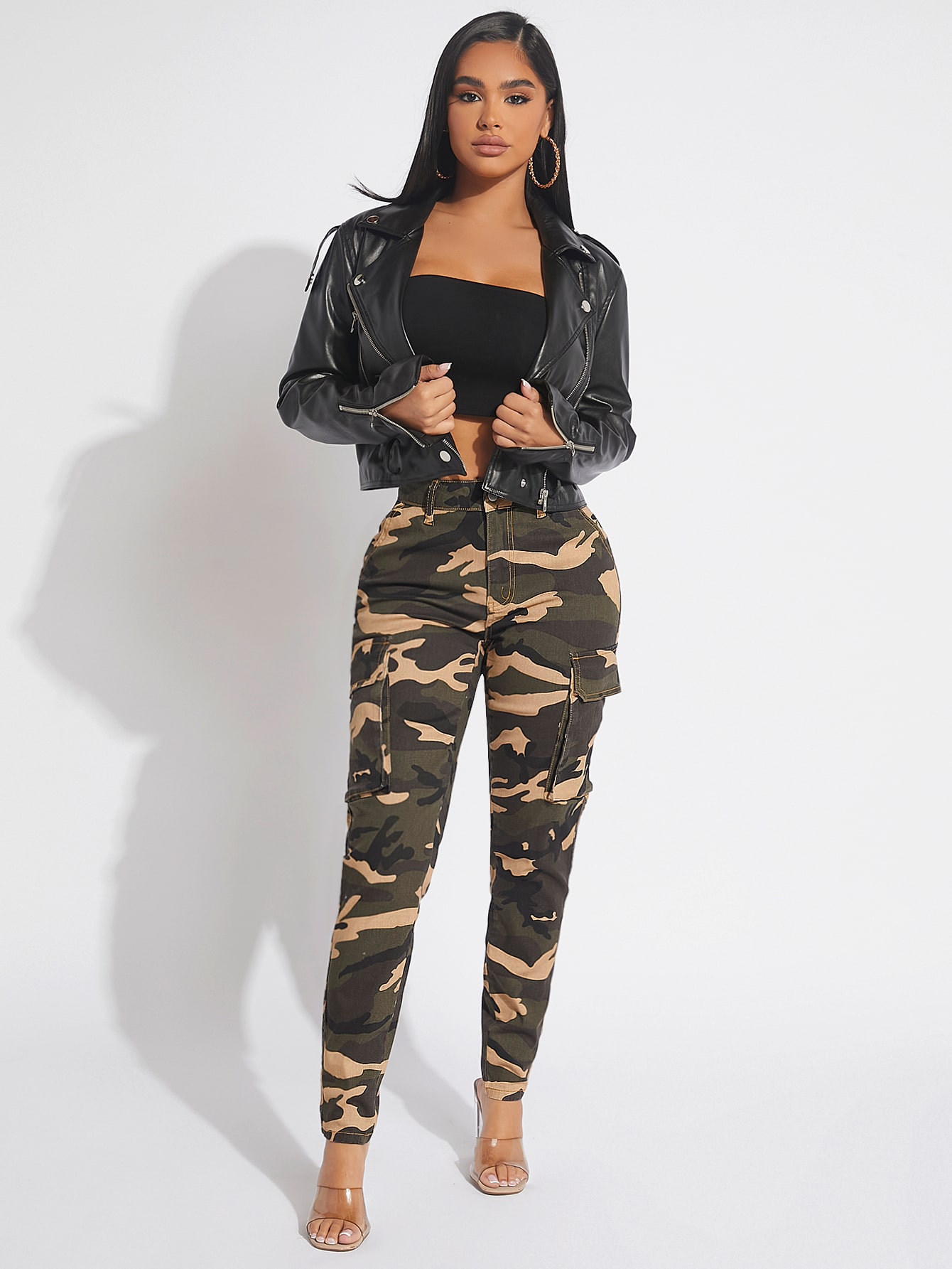 SHEIN X Priscilla Block Camo Print Flap Pocket Jeans | SHEIN USA