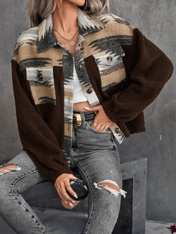 SHEIN LUNE Geo Print Drop Shoulder Teddy Jacket | SHEIN