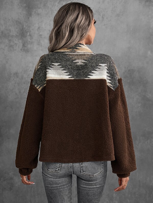 SHEIN LUNE Geo Print Drop Shoulder Teddy Jacket | SHEIN