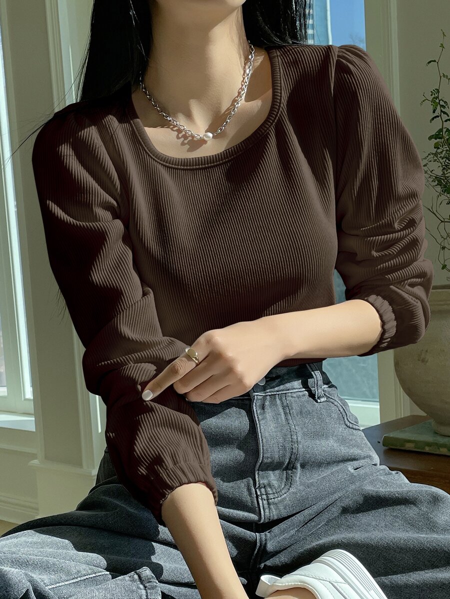 DAZY Ribbed Knit Puff Sleeve Tee,Fall Clothes,Back To School Clothes Long Sleeve Women Tops ...