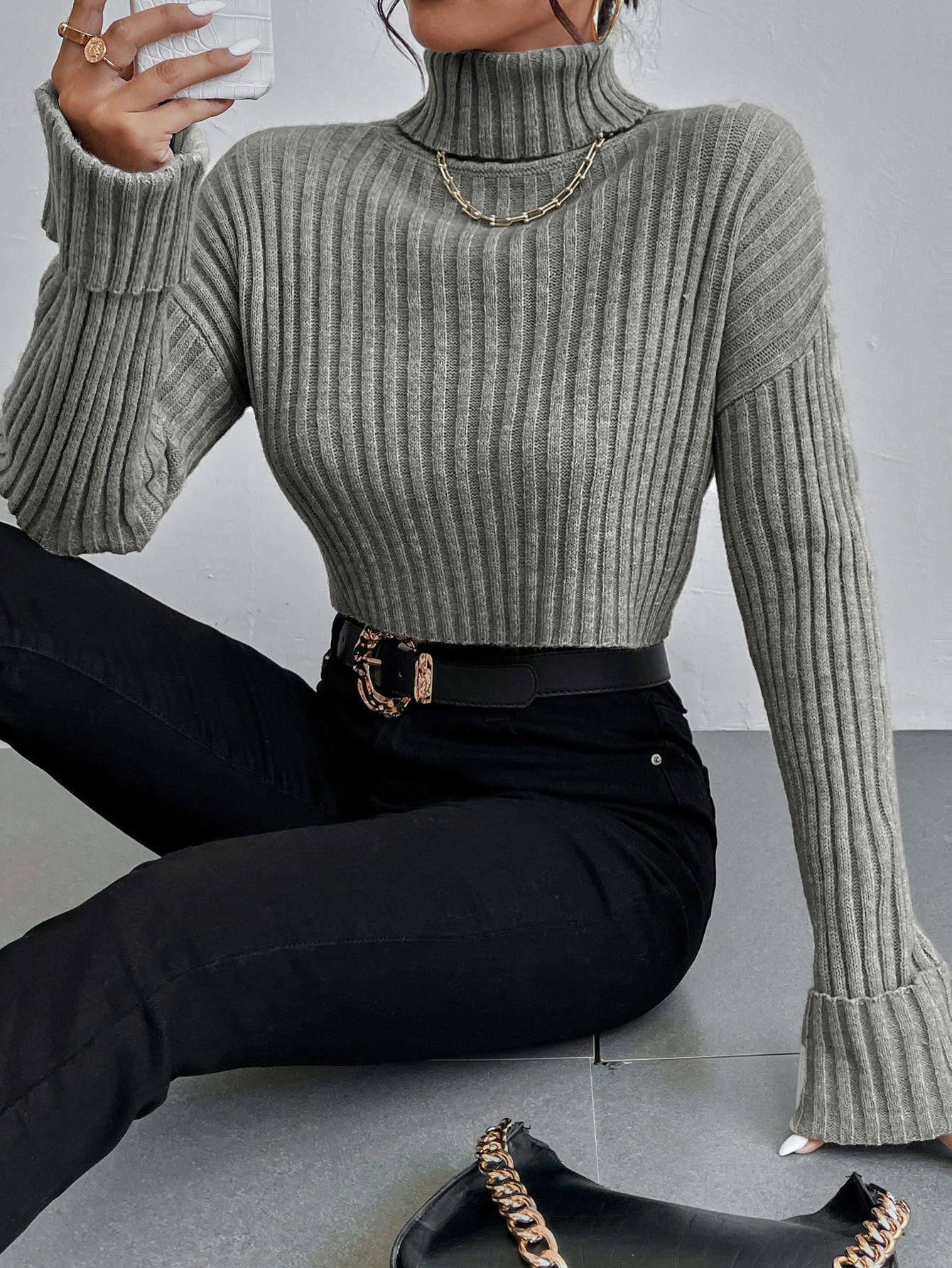 SHEIN Essnce Drop Shoulder Turtle Neck Ribbed Knit Sweater | SHEIN USA