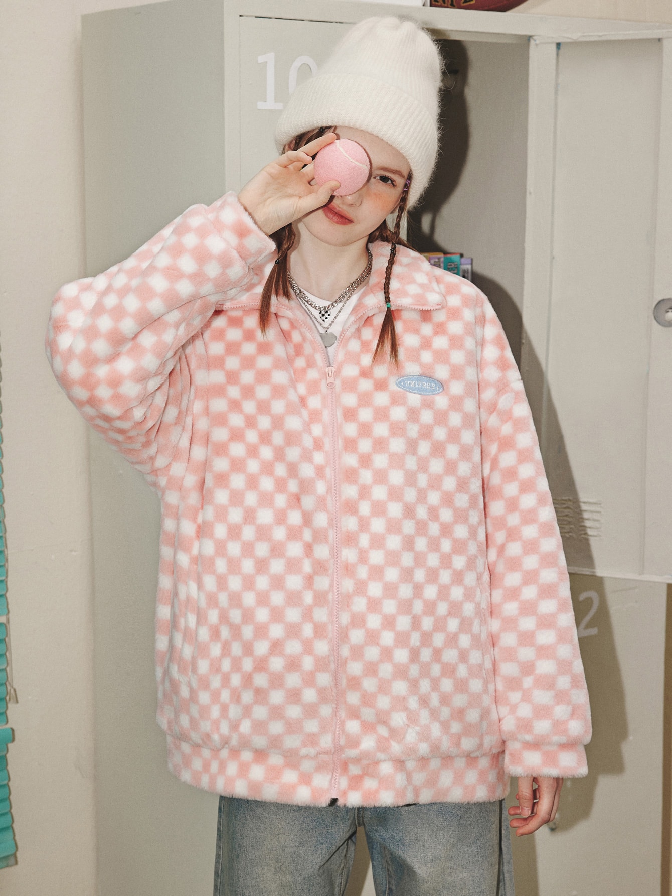 Checker Print Drop Shoulder Teddy Jacket | SHEIN USA