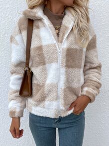 SHEIN LUNE Gingham Zip Up Flannel Jacket | SHEIN USA