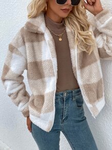 SHEIN LUNE Gingham Zip Up Flannel Jacket | SHEIN USA