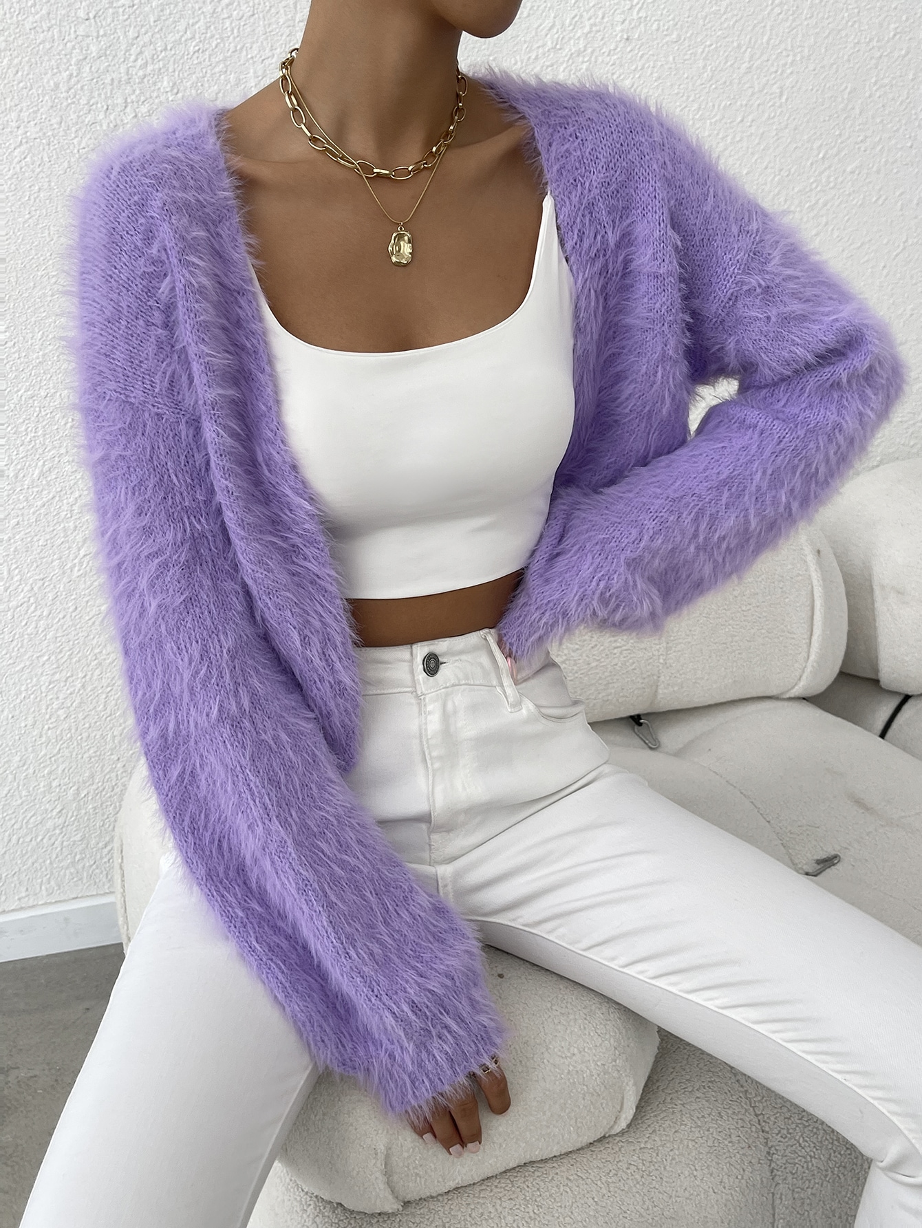 SHEIN Qutie Fluffy Knit Drop Shoulder Cardigan | SHEIN UK