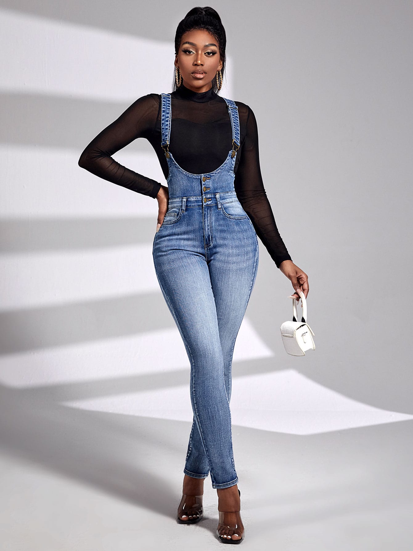 SHEIN SXY Bleach Wash Cat Scratch Denim Dungarees Without Tee | SHEIN UK