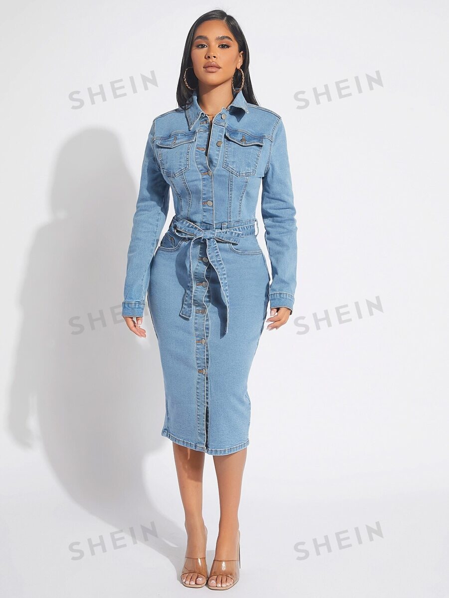 SHEIN SXY Flap Pocket Button Front Belted Denim Dress | SHEIN USA