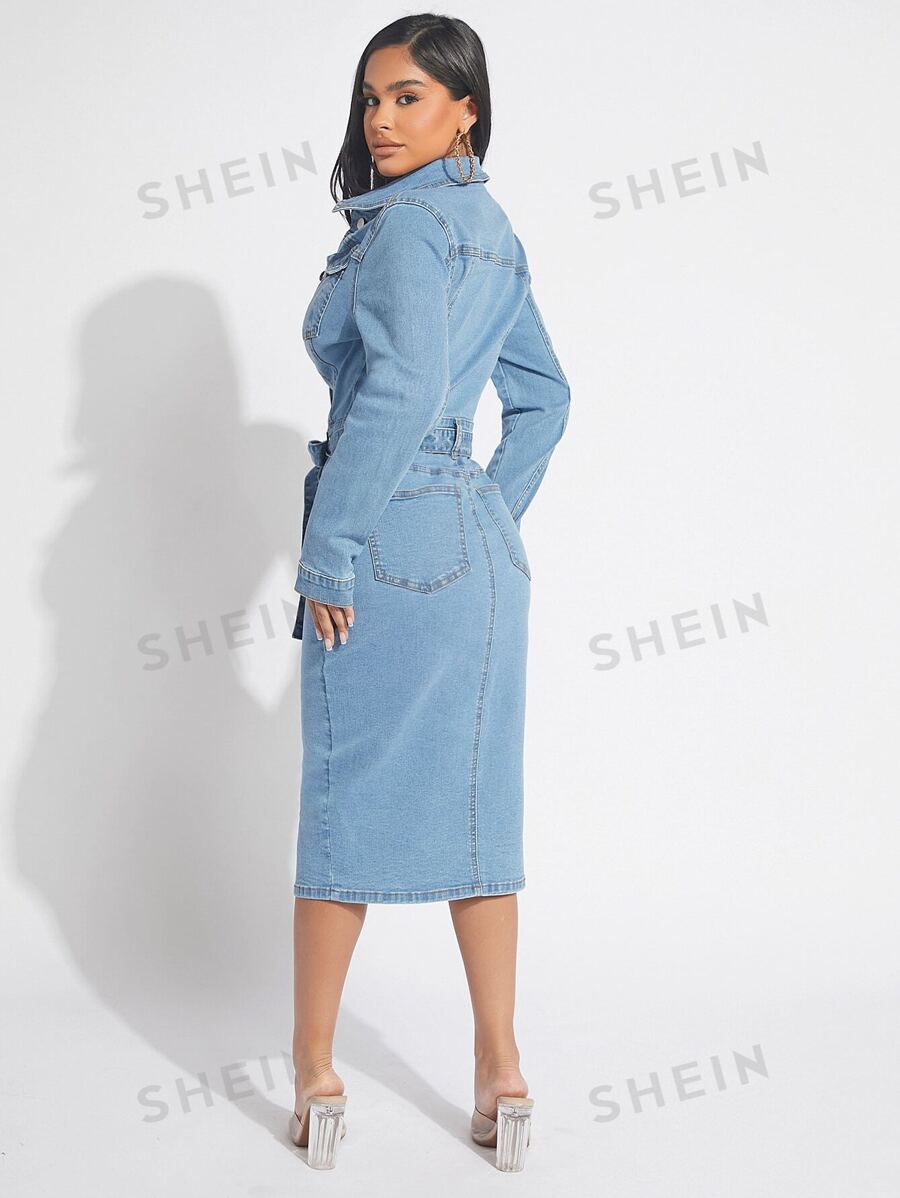 SHEIN SXY Flap Pocket Button Front Belted Denim Dress | SHEIN USA
