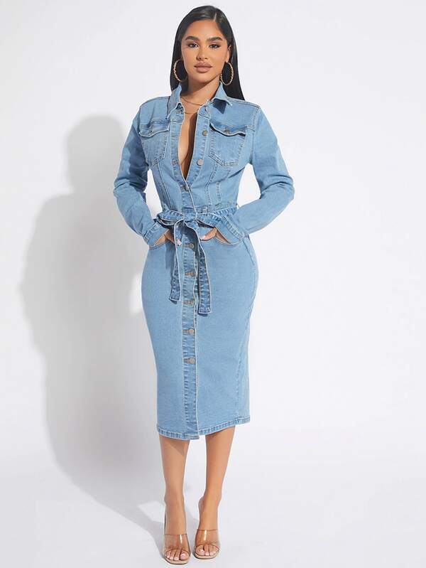 SHEIN SXY Flap Pocket Button Front Belted Denim Dress | SHEIN UK