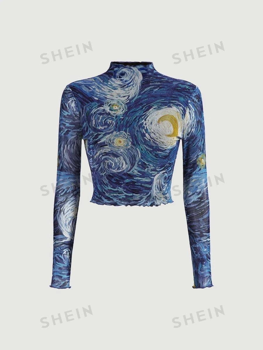 SHEIN MOD Mock Neck Marble Print Mesh Crop Blue Long Sleeve See-Through ...