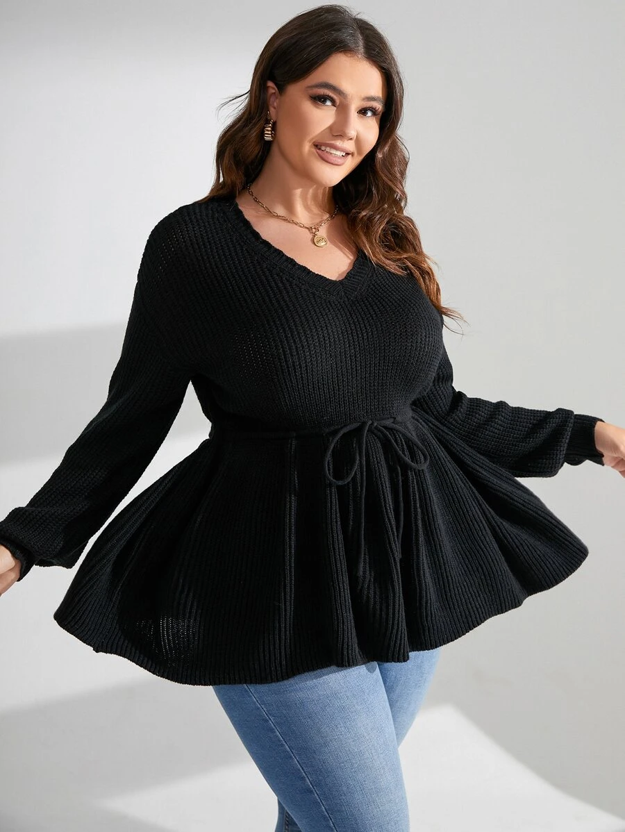 SHEIN Clasi Plus Drop Shoulder Peplum Drawstring Waist Sweater | SHEIN USA