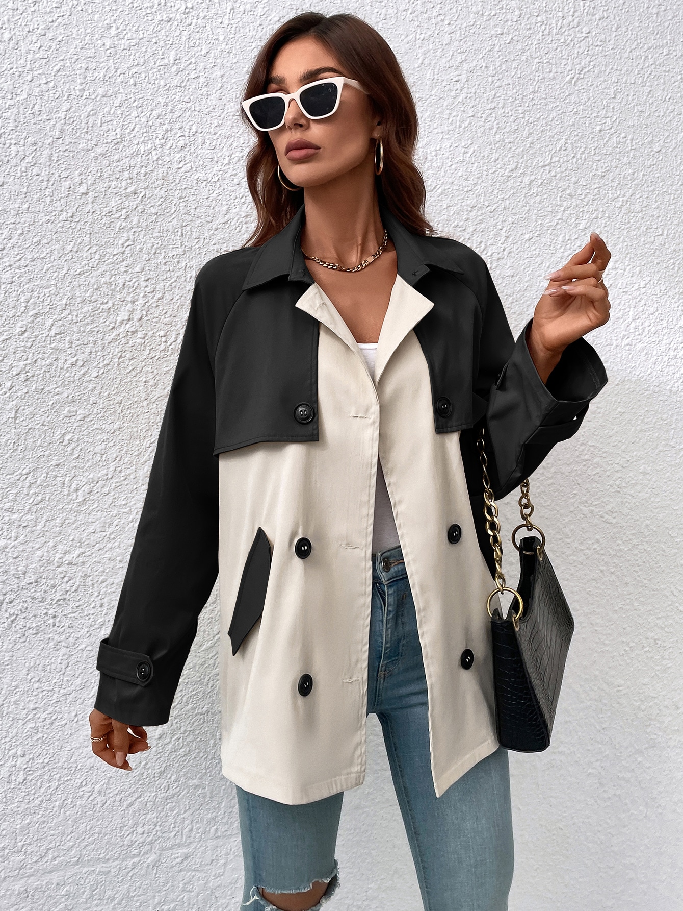 SHEIN Essnce Two Tone Raglan Sleeve Double Breasted Trench Coat | SHEIN UK