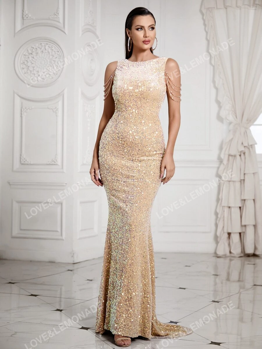 LOVE&LEMONADE Beaded Chain Detail Mermaid Hem Sequin Formal Dress ...