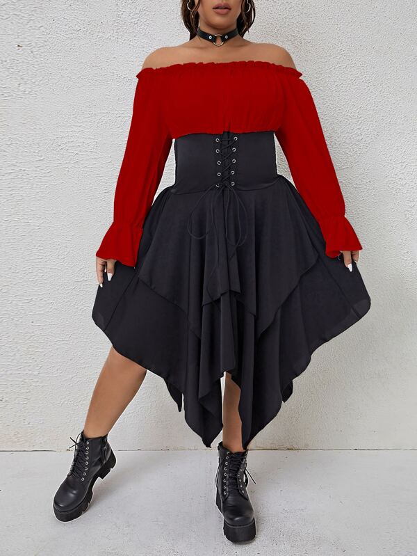 SHEIN Unity Plus Off Shoulder Lace Up Hanky Hem 2 In 1 Dress | SHEIN USA