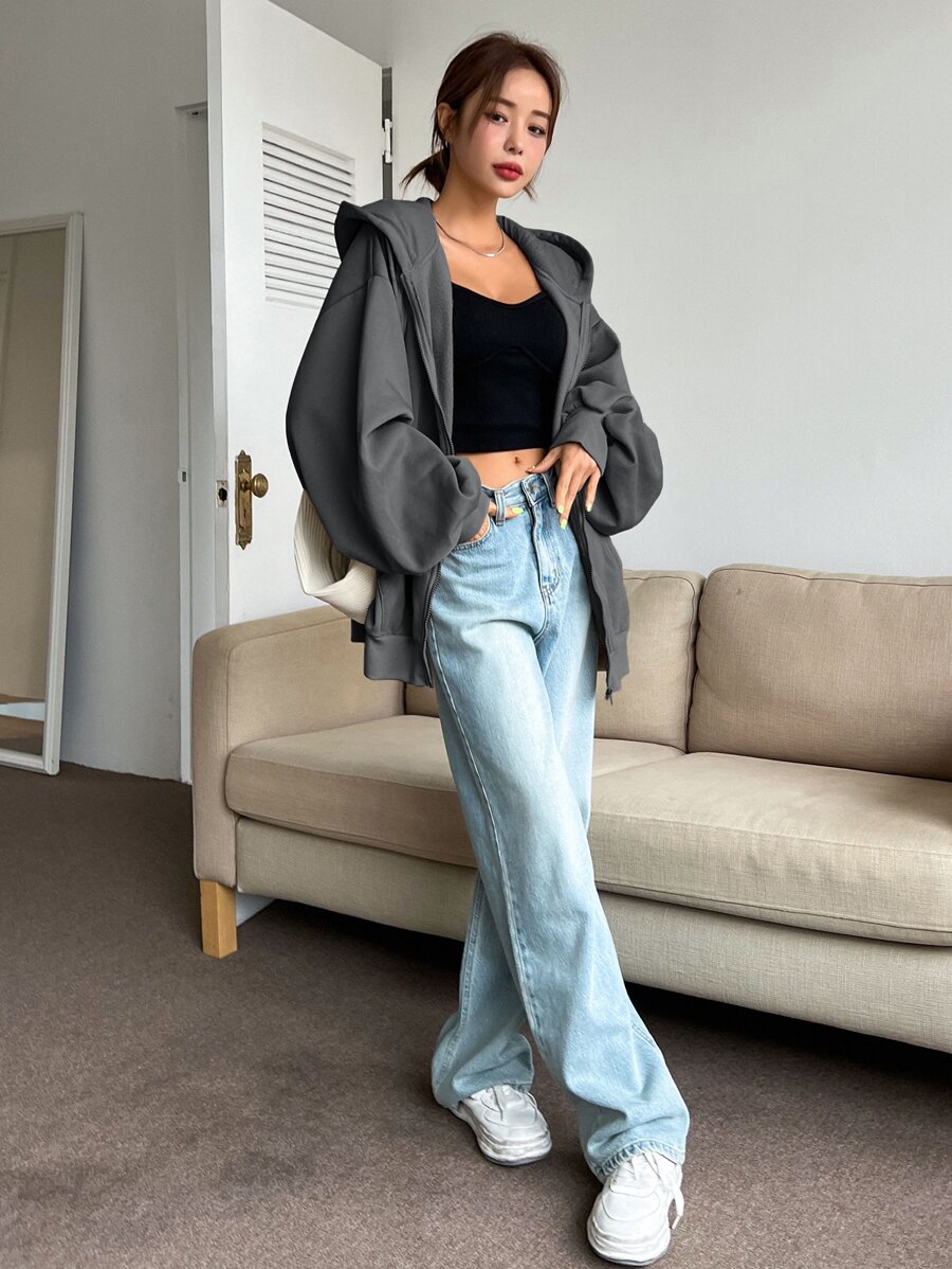 DAZY Zip Up Drop Shoulder Drawstring Thermal Lined Hoodie,Long Sleeve Tops | SHEIN USA