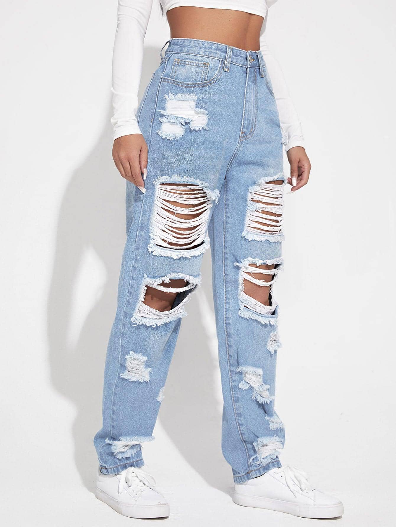 Ripped Detail Boyfriend Jeans | SHEIN USA