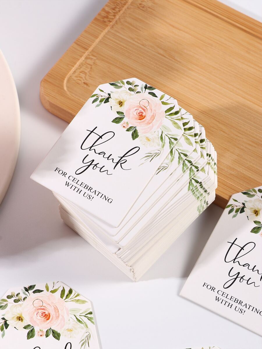 50pcs Floral & Slogan Graphic Gift Wrapping Tag, Paper Gift Decoration ...