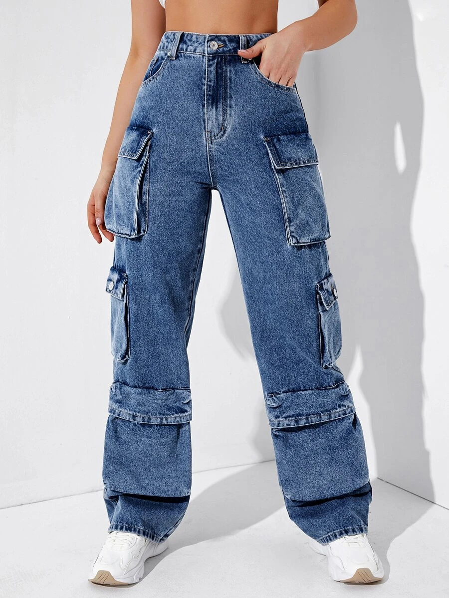 SHEIN EZwear High Waisted Flap Pocket Cargo Jeans | SHEIN USA