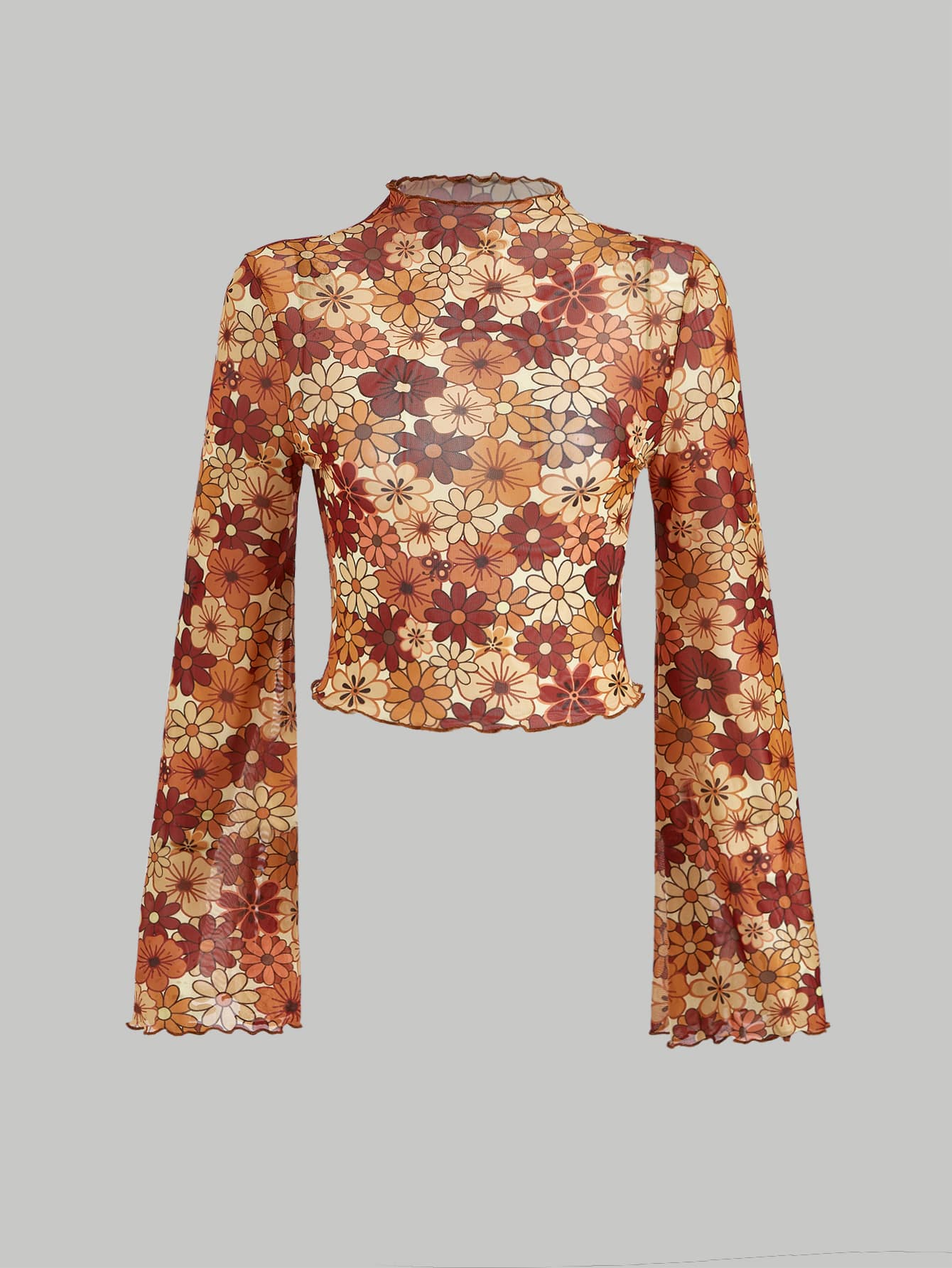 Shein Mod Allover Floral Print Lettuce Trim Mesh Top Shein Usa