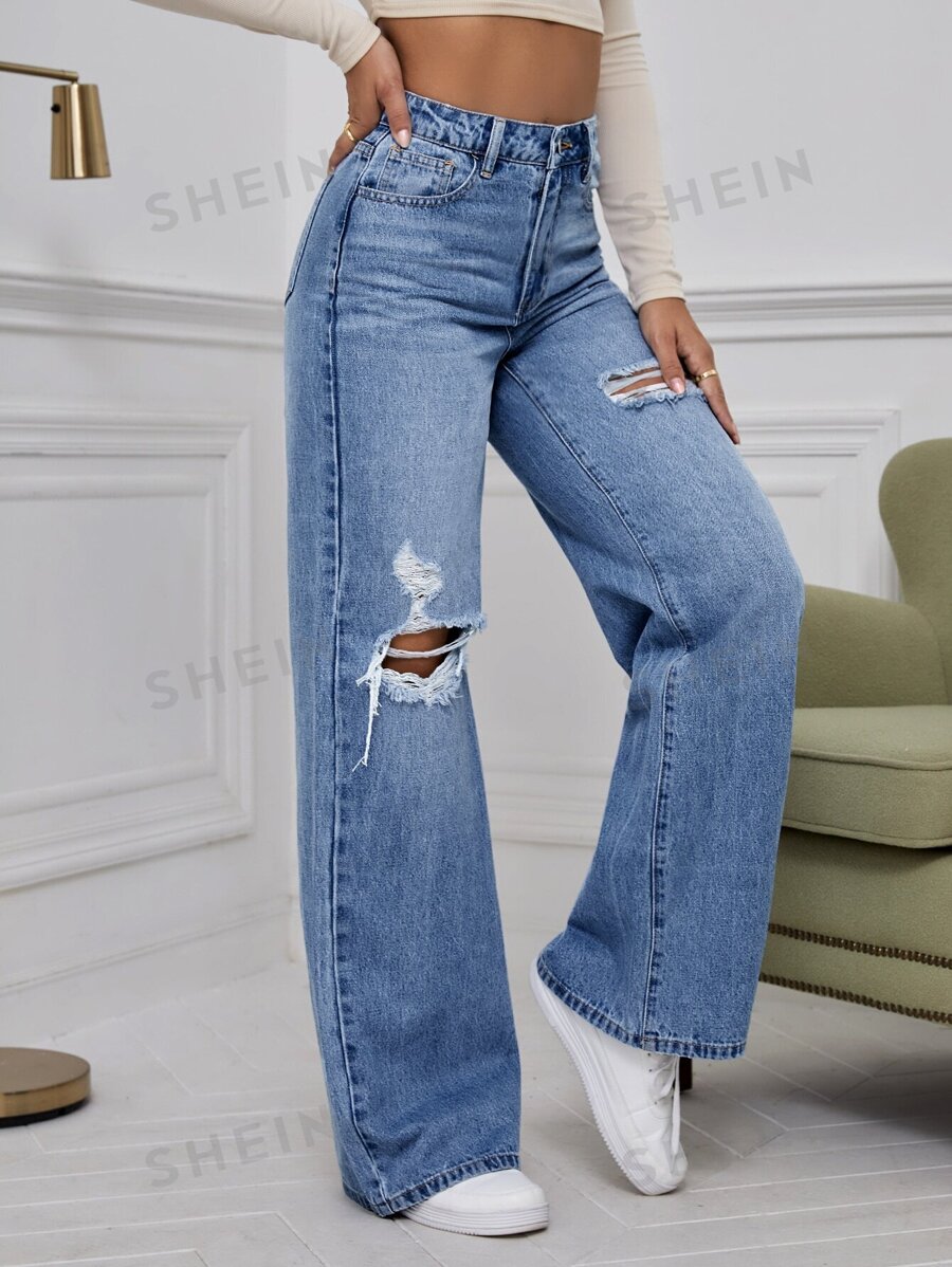 SHEIN EZwear High Waist Ripped Wide Leg Jeans | SHEIN USA