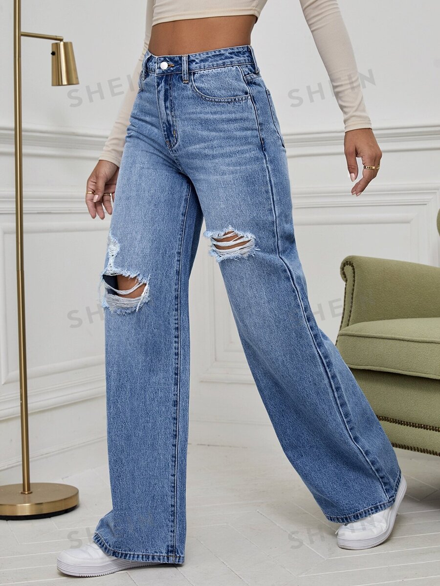 SHEIN EZwear High Waist Ripped Wide Leg Jeans | SHEIN USA