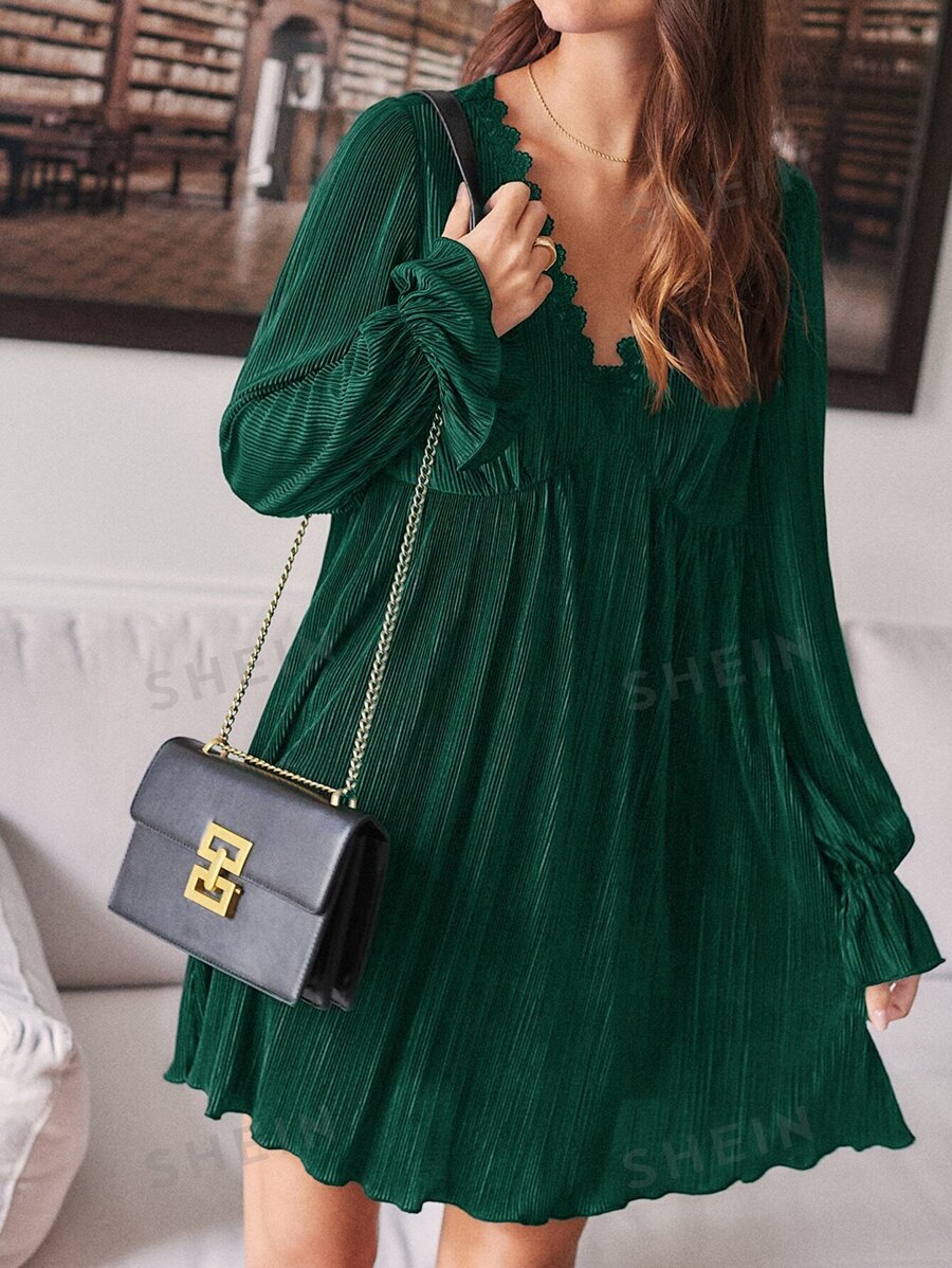 SHEIN Frenchy Vestido smock de manga con volante ribete con encaje ...