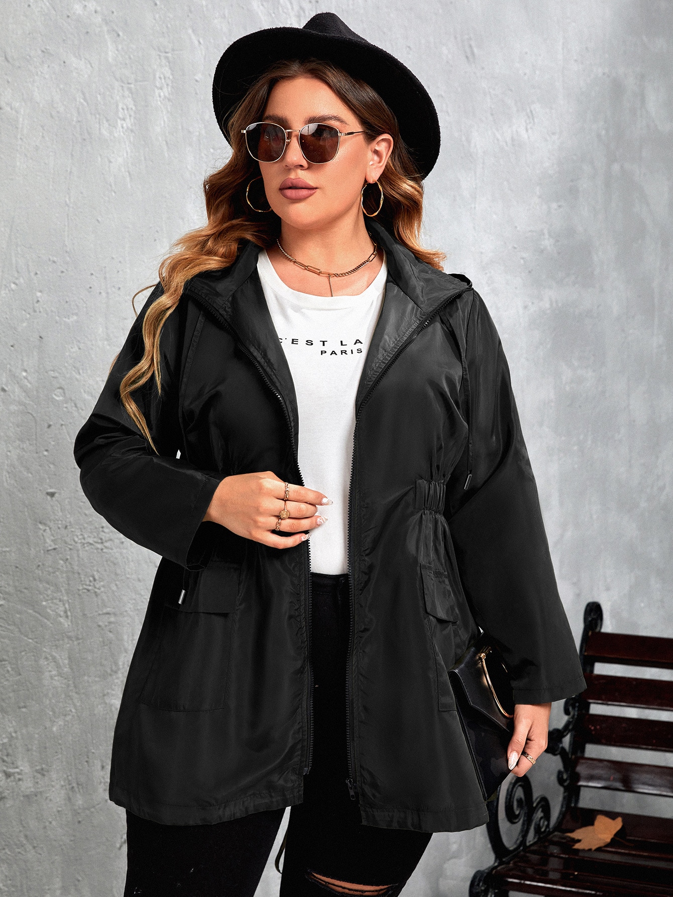 SHEIN LUNE Plus Drawstring Waist Hooded Windbreaker Jacket | SHEIN USA