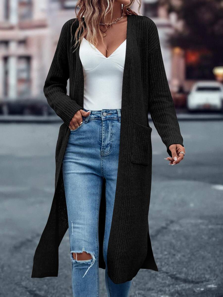 SHEIN LUNE Dual Pocket Split Hem Drop Shoulder Cardigan | SHEIN USA