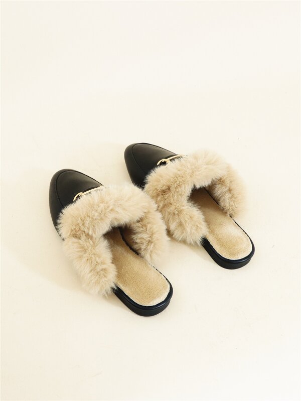 Metal Decor Fuzzy Mule Flats | SHEIN UK