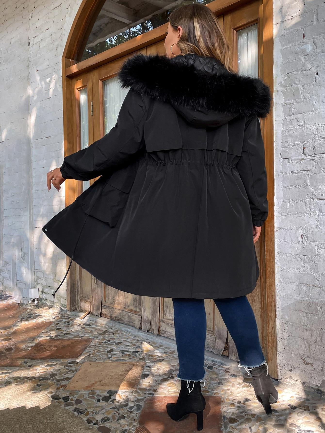 SHEIN LUNE Plus Drawstring Waist Flap Pocket Fuzzy Trim Hooded Parka ...