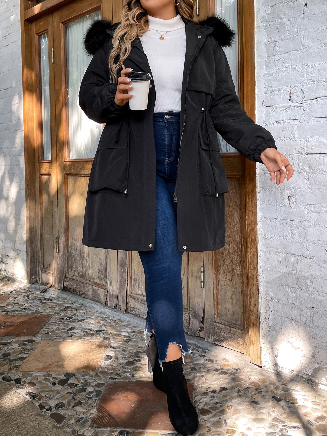 Shein Lune Plus Drawstring Waist Flap Pocket Fuzzy Trim Hooded Parka