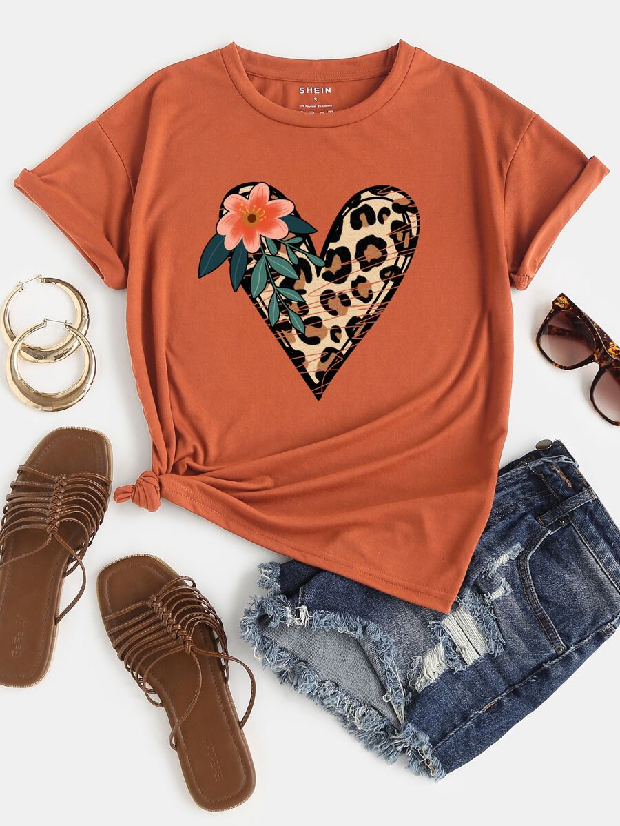 SHEIN LUNE Floral & Heart Print Tee | SHEIN USA