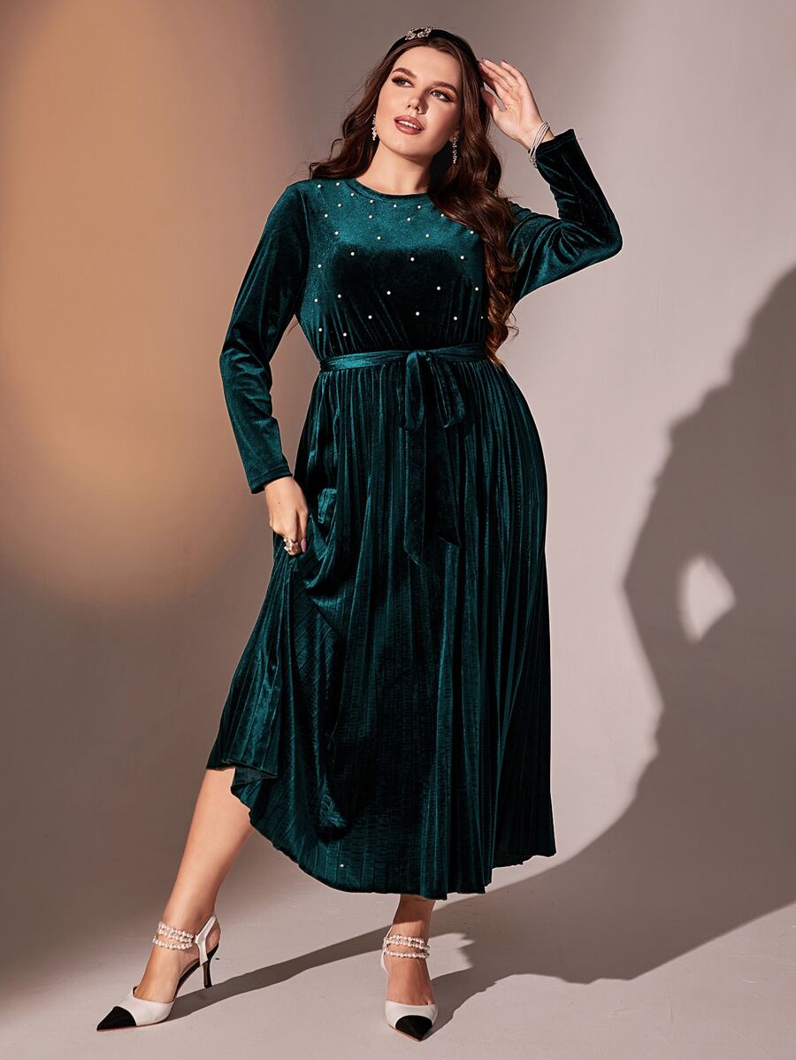 SHEIN Modely Plus Pearls Beaded Pleated Hem Belted Velvet Dress, Winter ...