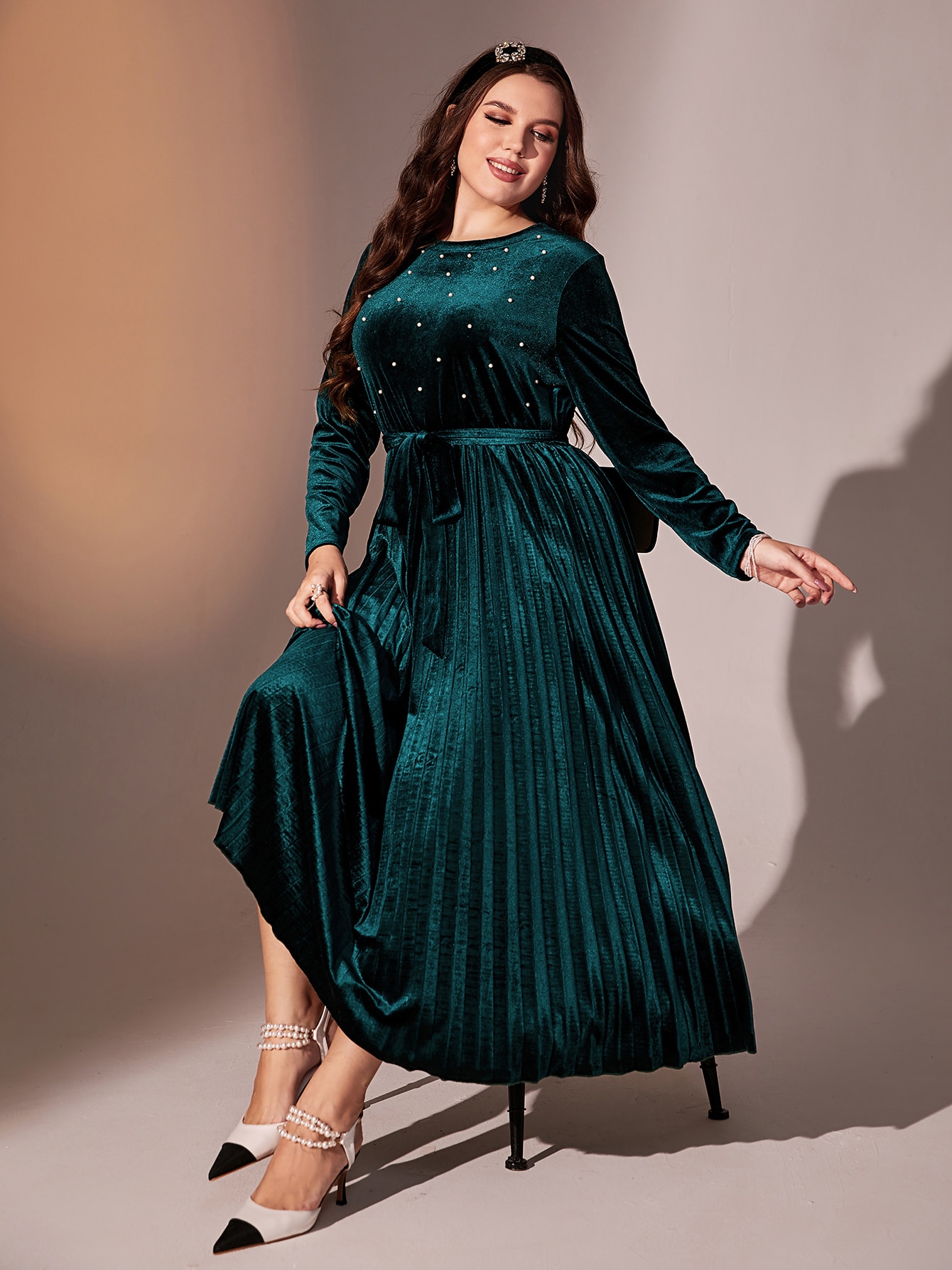 Shein Modely Plus Pearls Beaded Pleated Hem Belted Velvet Dress Shein Uk