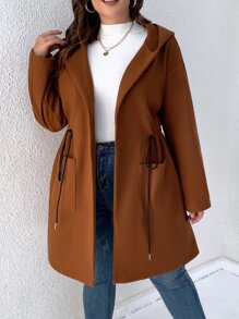 SHEIN LUNE Plus Drawstring Waist Hooded Overcoat | SHEIN USA