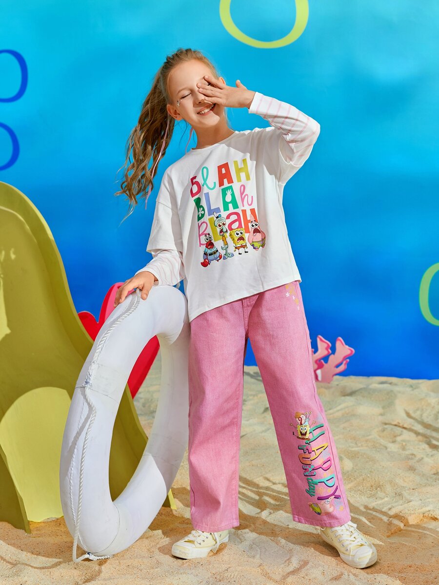 SHEIN X SpongeBob Tween Girl Cartoon Graphic Wide Leg Jeans | SHEIN USA