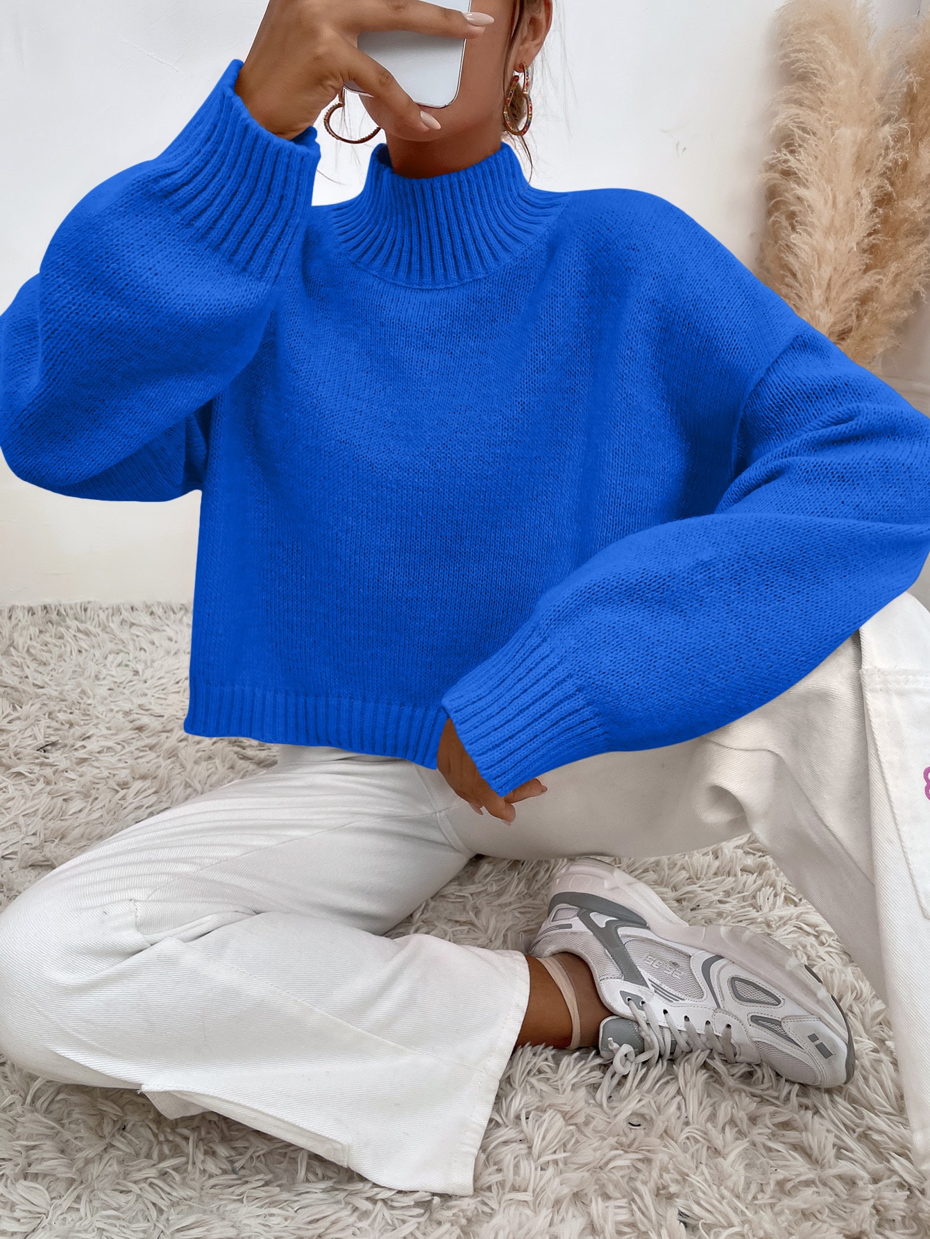 Mock Neck Drop Shoulder Crop Sweater