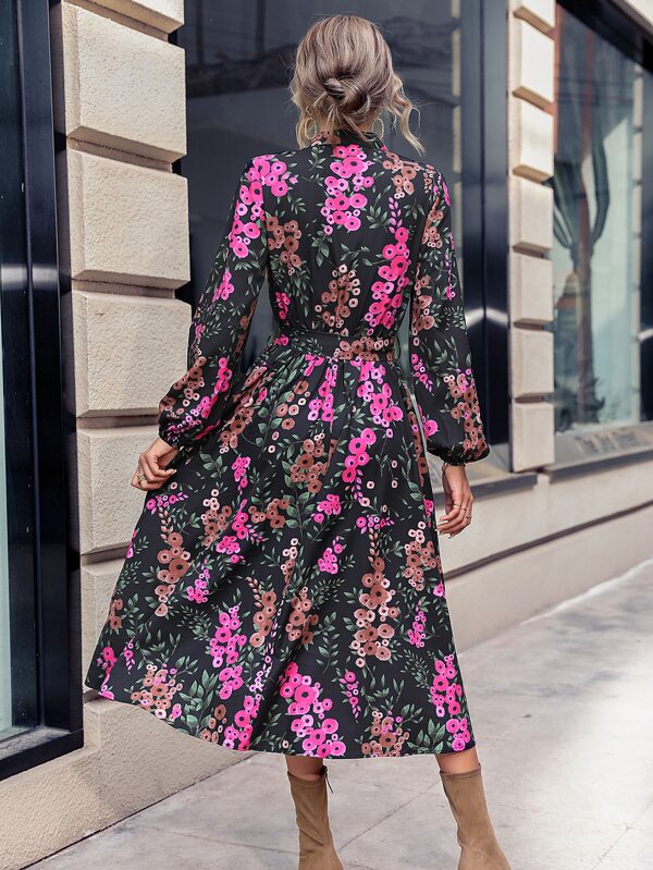 Allover Floral Print Lantern Sleeve Belted Dress Shein Uk