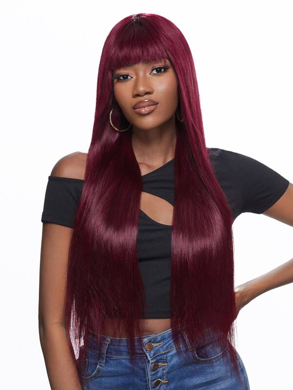 Straight Fringe Wigs Burg #99J Bangs Wig Full Machine Made Human Hair ...