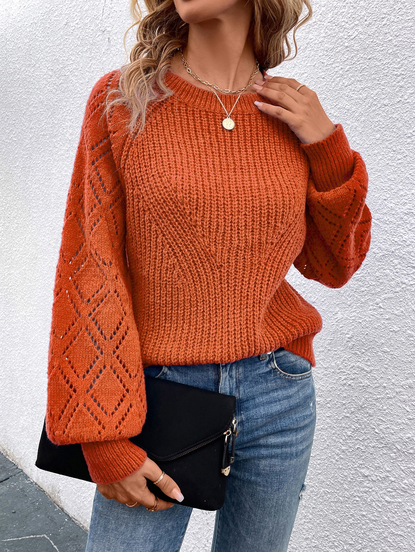 SHEIN Essnce Raglan Sleeve Pointelle Knit Sweater | SHEIN USA