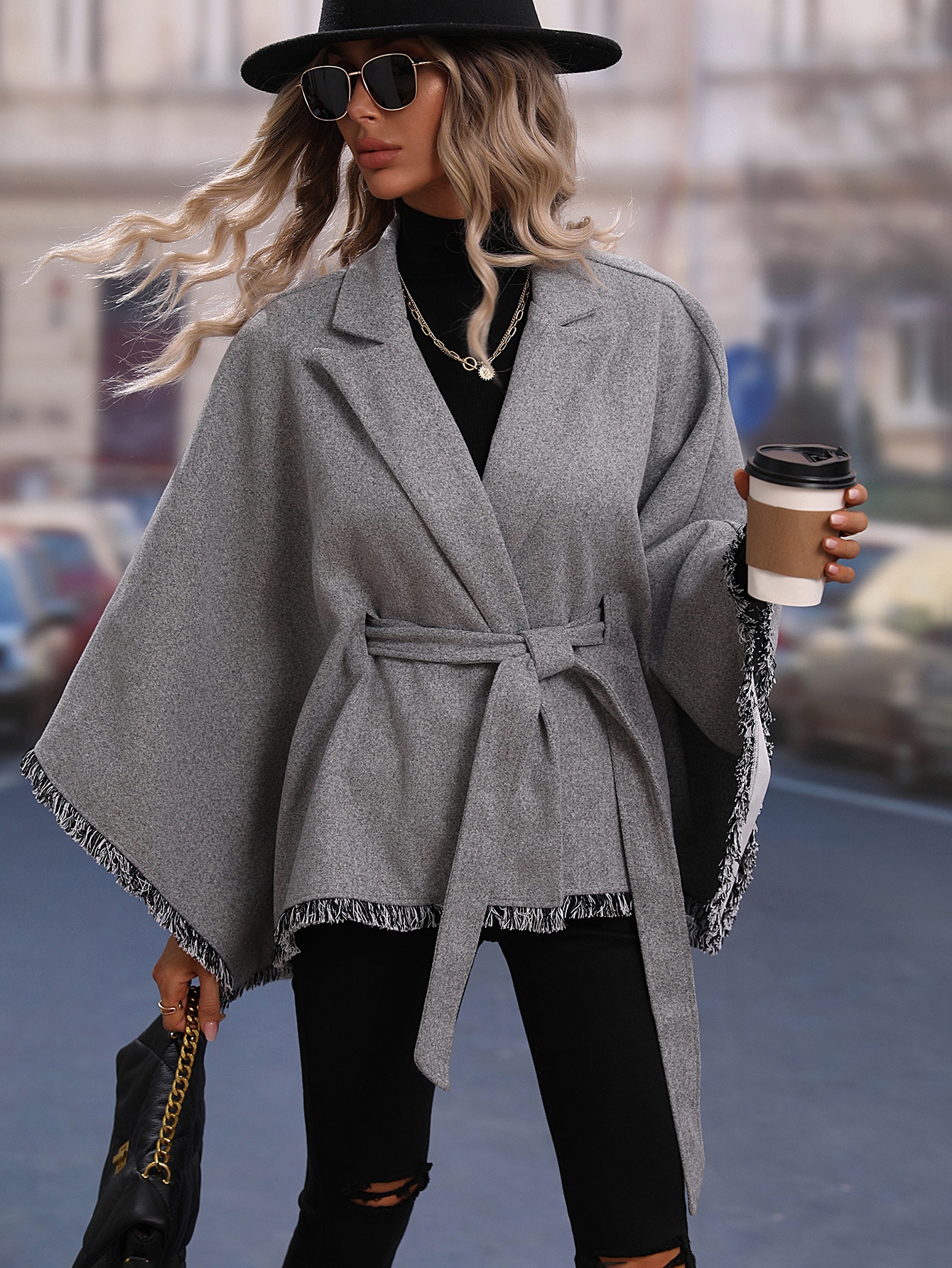 SHEIN LUNE Fringe Trim Lapel Neck Belted Cape Overcoat | SHEIN USA