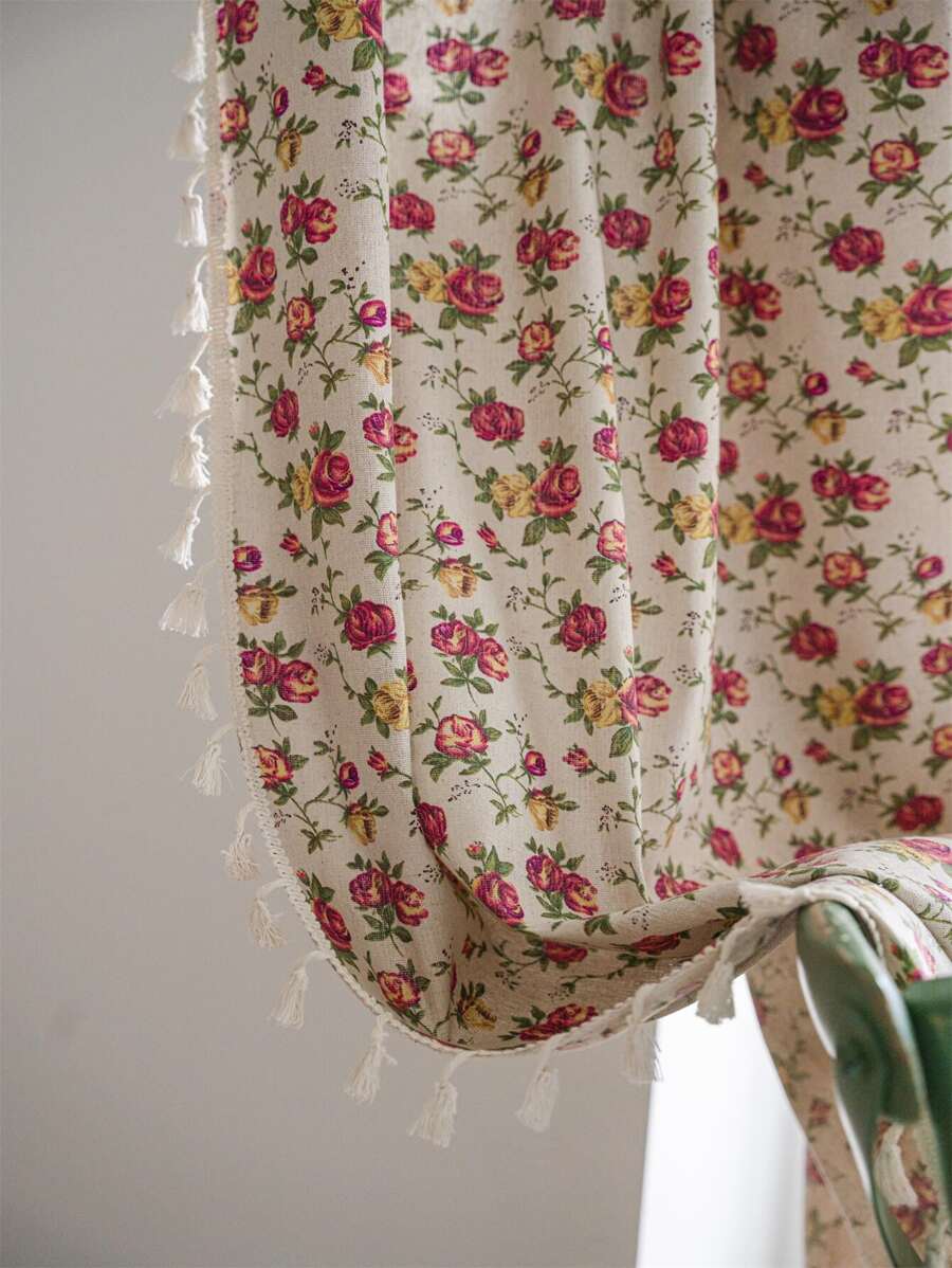 1pc Rose Patterned Curtains, Bohemian Style Rectangle Tassel Blackout ...