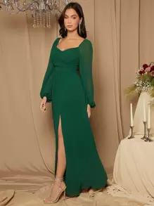 SHEIN Belle Sweetheart Neck Lantern Sleeve Split Thigh Bridesmaid Dress, Elegant Long Sleeve ...